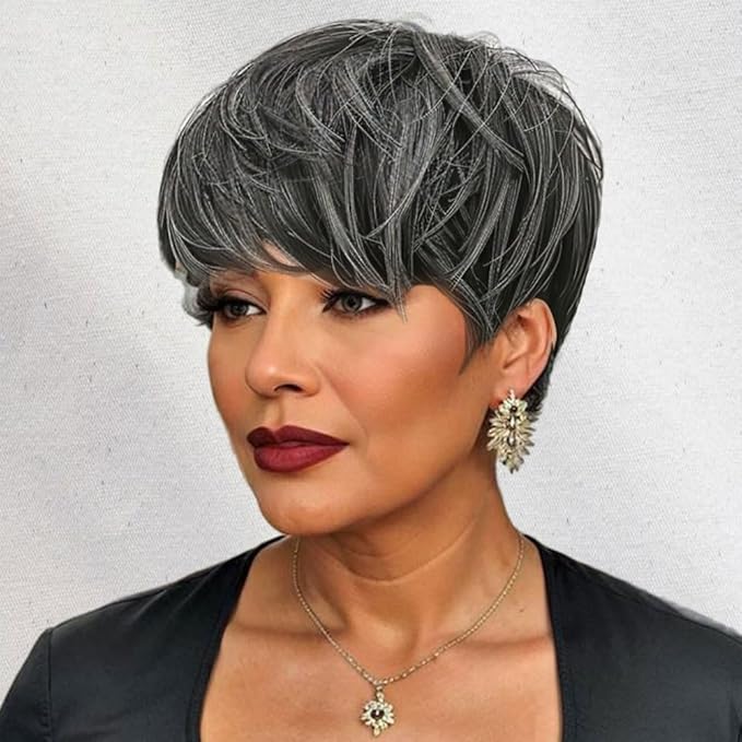 Amazon.com : MOONSHOW Short Grey Wigs for Black Women Grey Pixie Cut ...