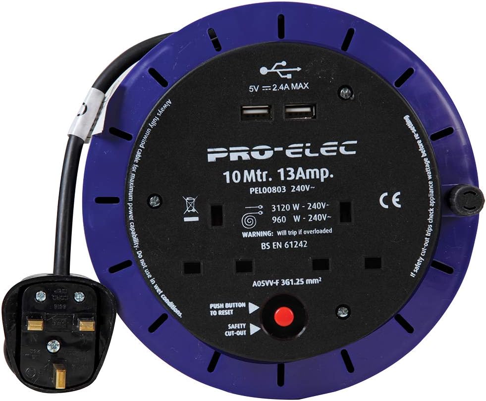 PRO ELEC PEL01272 2-Gang Mini Cable Reel Mains Extension, 10m : Amazon ...
