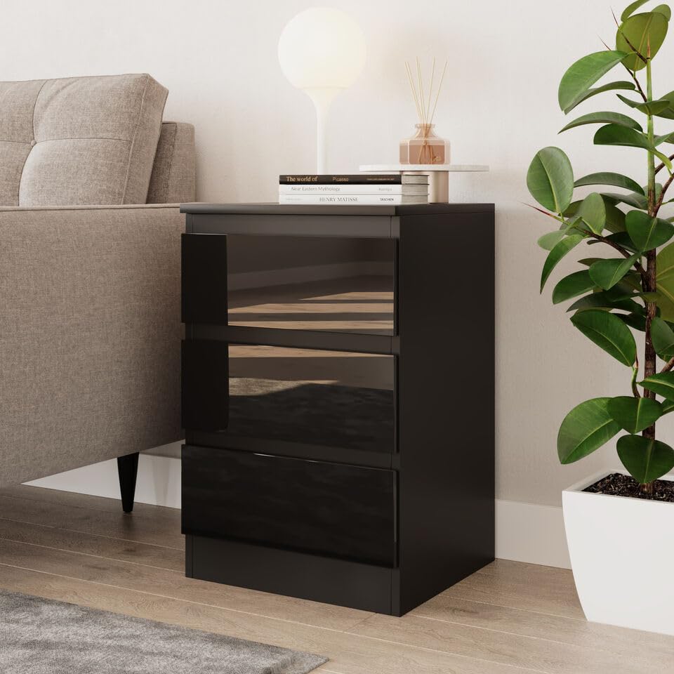 URBNLIVING 62cm High Gloss Bedside Chest of Drawers - 3 Drawer Bedroom ...