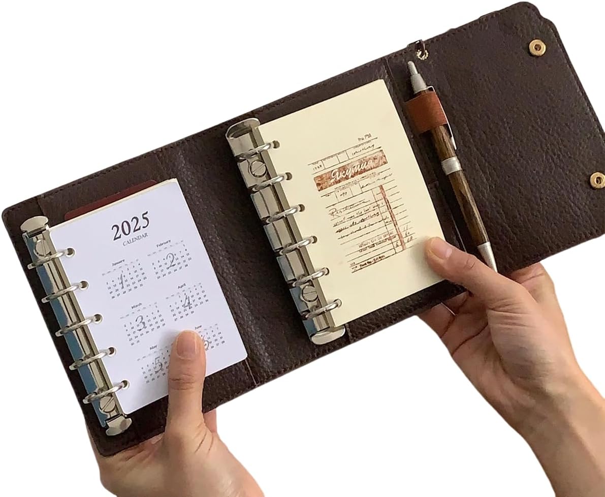 Amazon.co.jp: システム手帳 ビジネス手帳 三つ折り ヴィンテージ ソフトレザー PU 三つ折りブック ダイアリー M5 A7 ダブルリング実用 カード収納 ペンホルダー付 PU ...