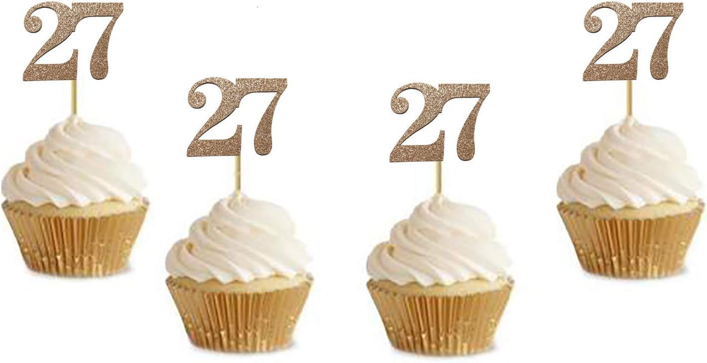 Amazon.com: 20 Pack of Number"27" Cupcake Toppers Glitter Rose Gold ...