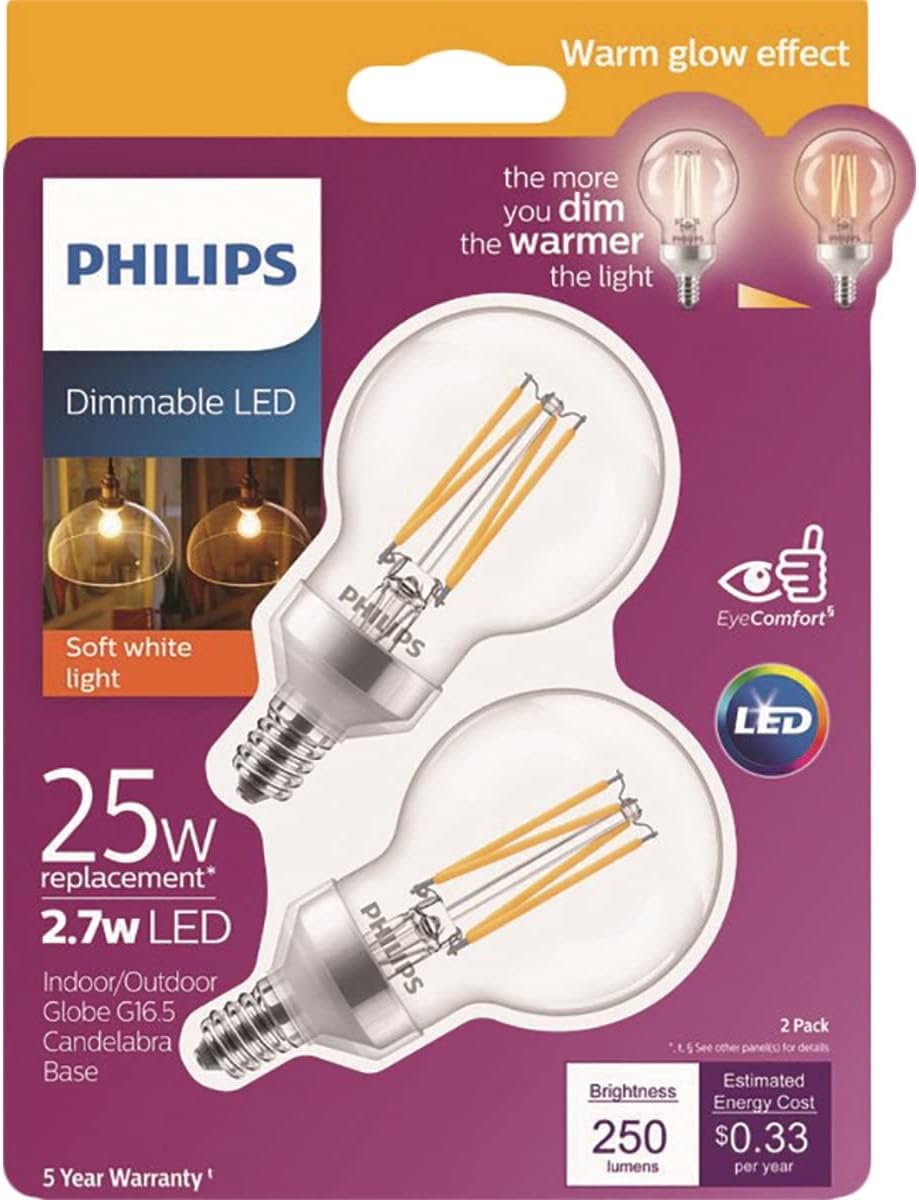 Philips LED Classic Glass Dimmable G16.5 Light Bulb: 350-Lumen, 2700 ...