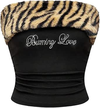 WDIRARA Women's Fuzzy Zebra Pattern Ruched Tube Top Rhinestone ...