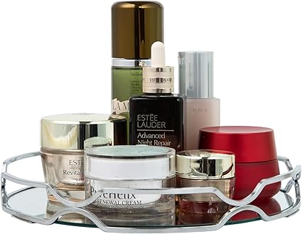 Amazon.com: Mirror Glass Vanity Tray Round Cosmetic Decorative Tray for ...