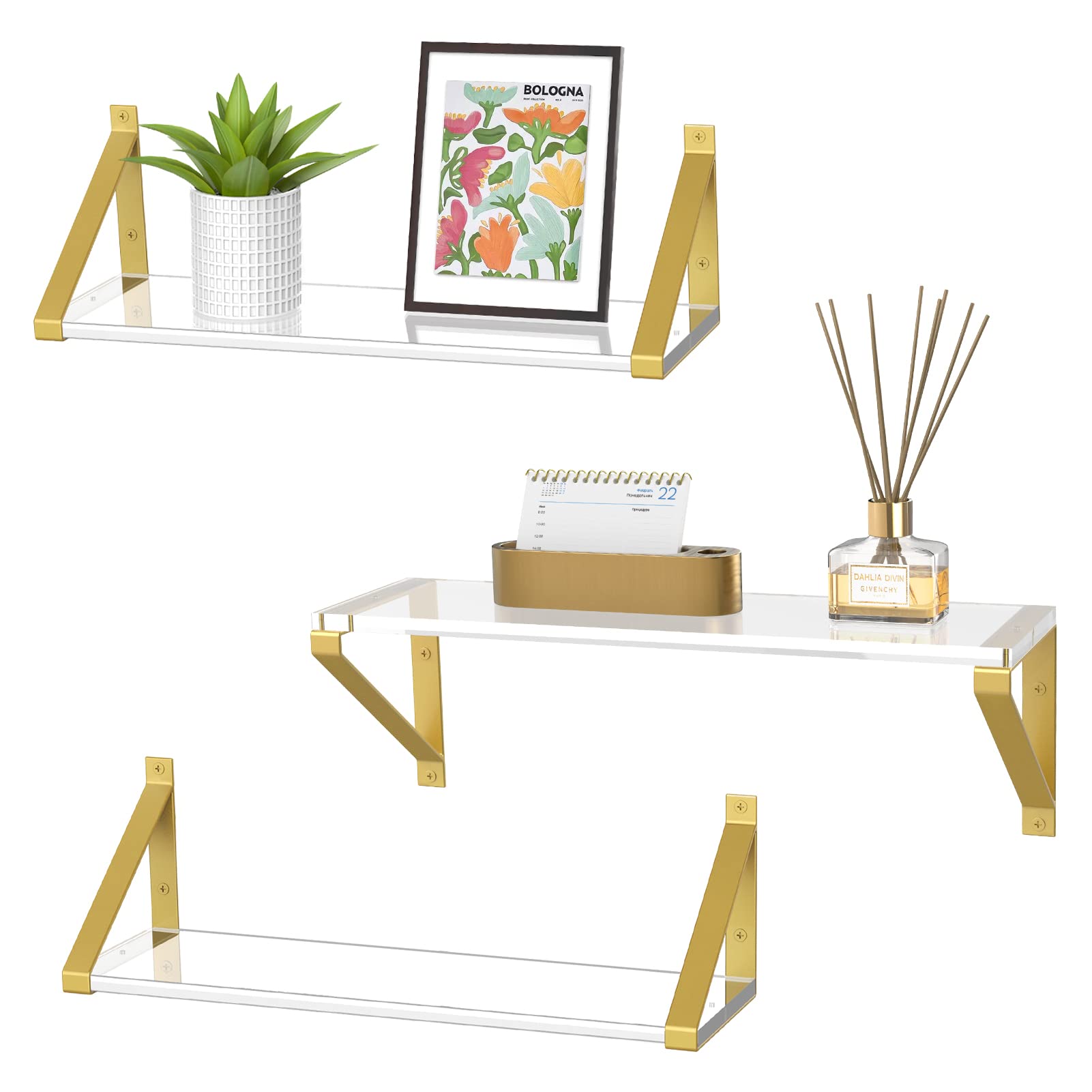 Amazon.com: Cilinta Clear Shelves, Gold Floating Shelves Wall Mounted ...