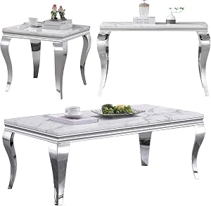 Amazon.com: KUVADAZ 3 Piece White Marble Coffee Table Set, Faux Marble ...