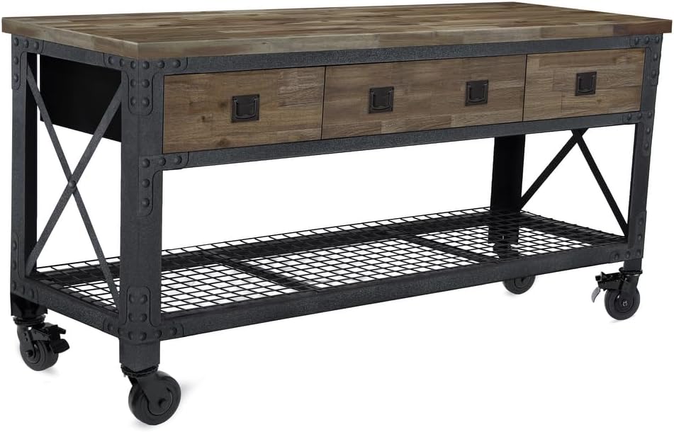 72" Industrial Rolling Workbench with 3 Drawers and Solid Hardwood top ...