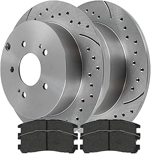 Amazon.com: AutoShack Pair of 2 Rear Drilled and Slotted Brake Rotors Silver and Ceramic Pads ...