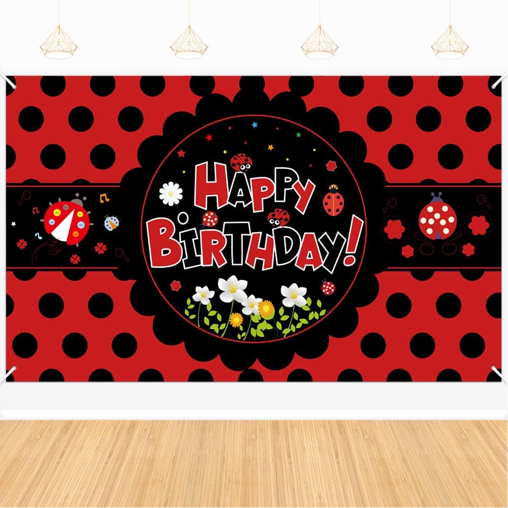 Amazon.com : Ladybug Happy Birthday Backdrop Banner 71x43 Inch, Cute ...