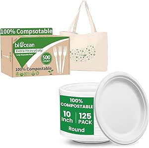 Amazon.com: biocean Compostable Forks & Disposable Plates - 10 inch ...