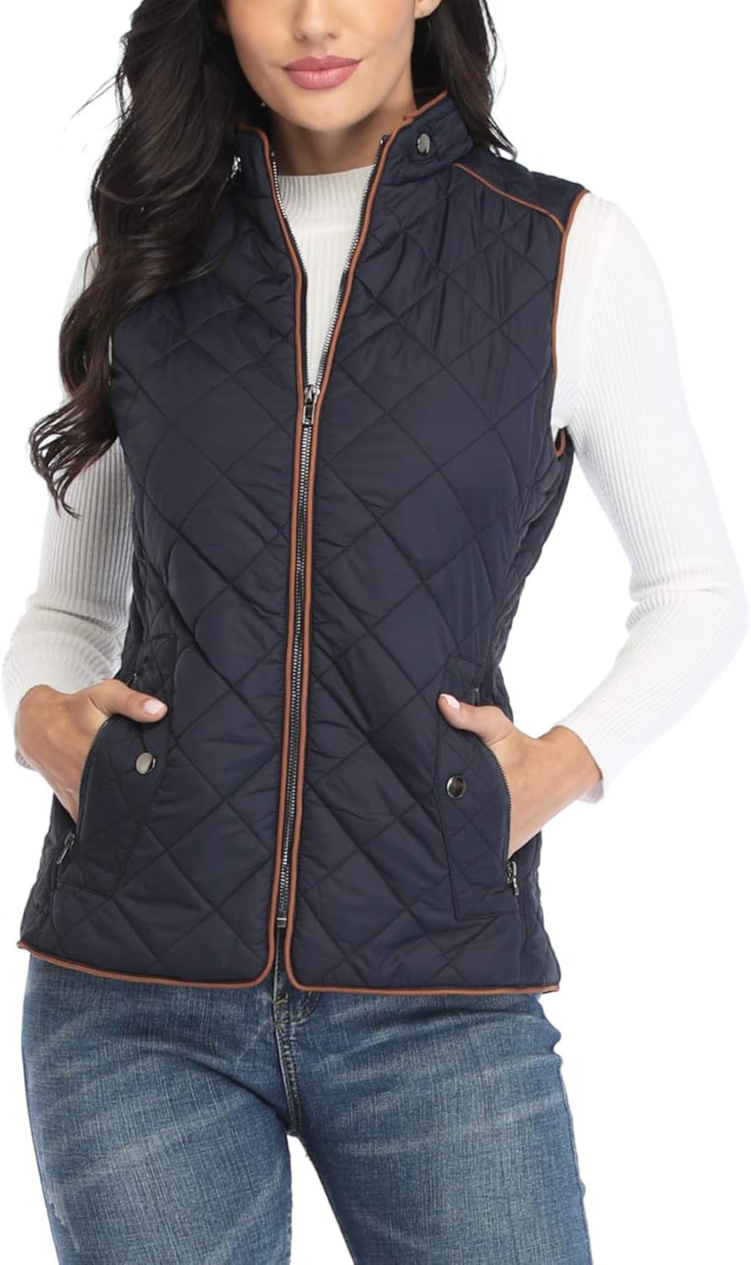Dilgul Women Padded Vest Stand Collar Zip Up Puffer Lightweight Quilted ...