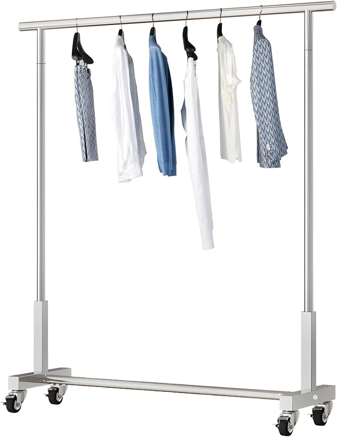 Amazon.com: HEBEHO Steel Clothing Garment Rack with Wheels, Single Rail ...