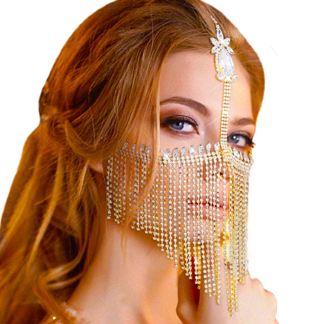 Amazon.com: Urieo Rhinestones Masquerade Mask Chain Gold Crystal Face ...