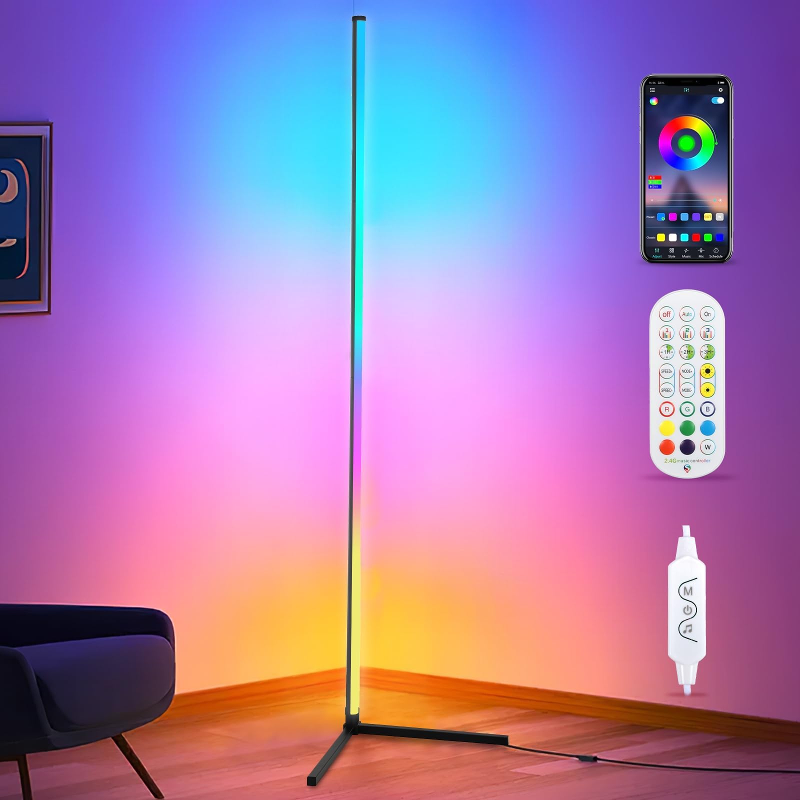 Mersyn Smart LED Floor Lamp, 160CM RGB Corner Floor Lamp 16 Million ...