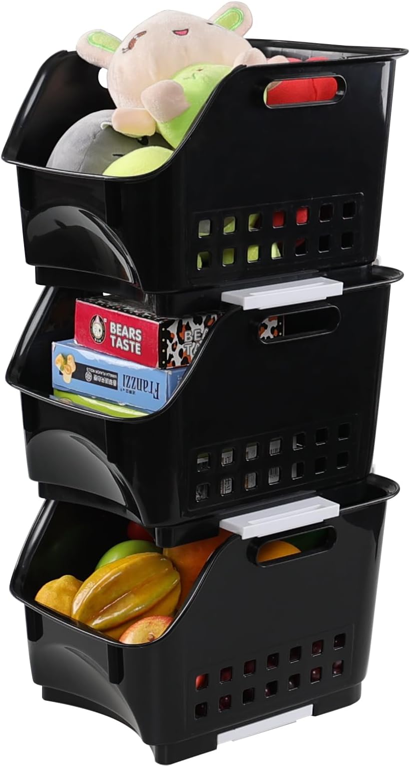 Waikhomes 3 Pack Plastic Stacking Storage Basket, Stackable Storage Bin ...