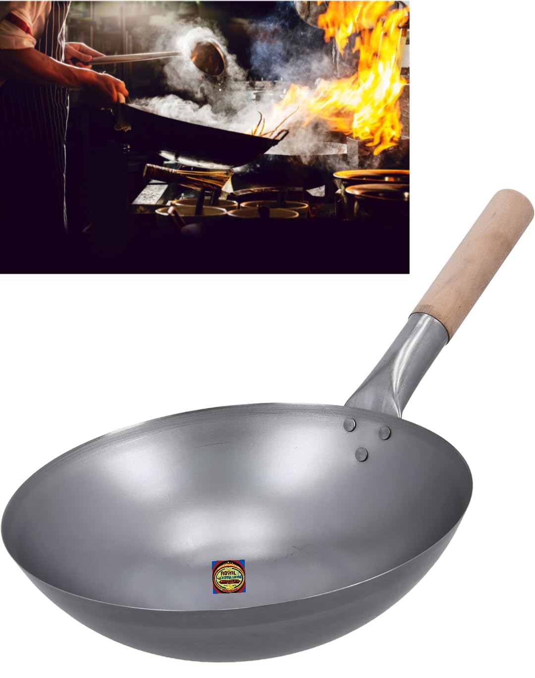 Chinese Iron Wok With Wooden Handle - 12 Inch Round Bottom for Noodles ...