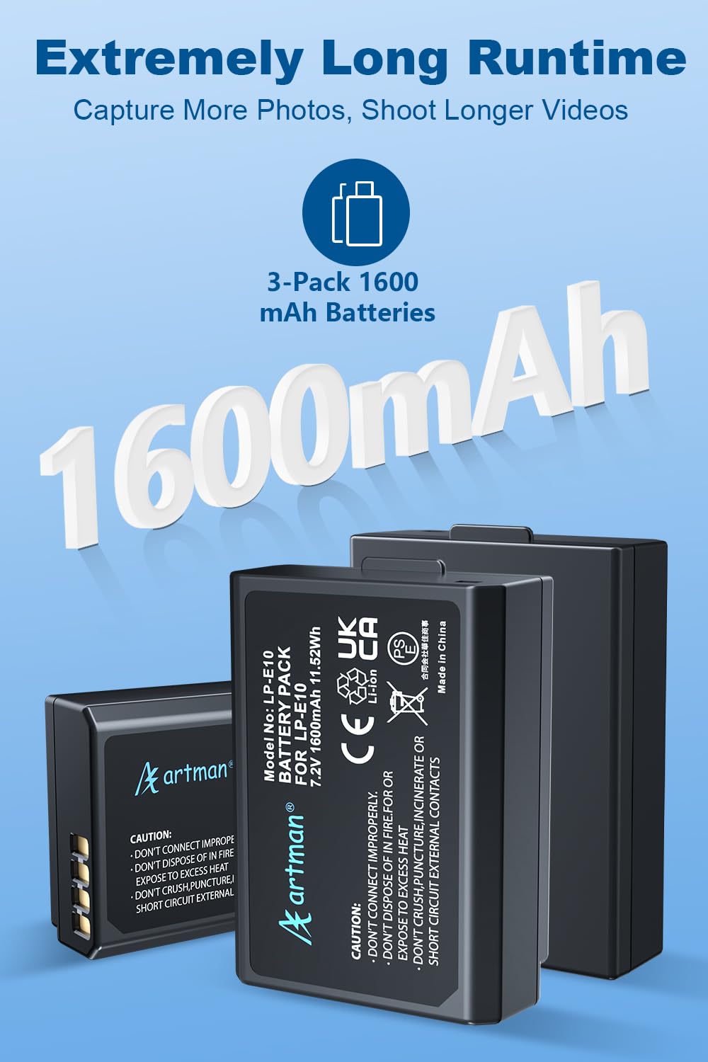 Artman 3-Pack LP-E10 Batteries 1600mAh and 3-Slot LCD Charger Pack for ...