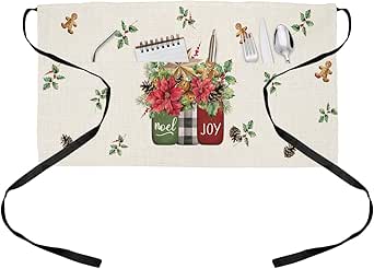 Amazon.com: Christmas Server Aprons with 3 Pockets, Xmas Poinsettia ...
