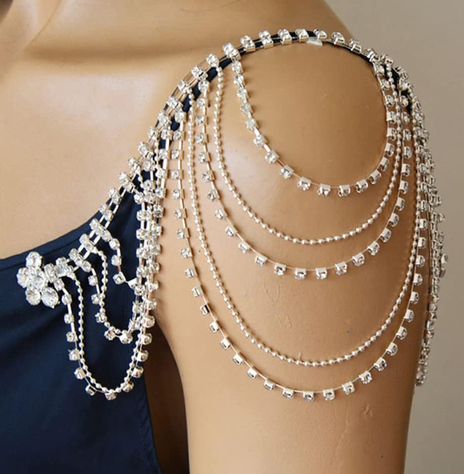 Amazon.com: YERTTER Sparkly Silver Rhinestone Shoulder Chain Layered ...