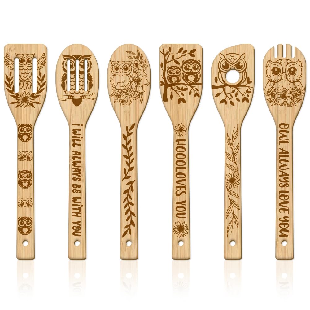 Amazon.com: GLOBLELAND 6Pcs Owl Bamboo Cooking Utensils Wooden Engraved ...