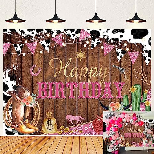 Amazon.com : Western Cowgirl Happy Birthday Backdrop Cow Print Pink Wild Party Decorations ...