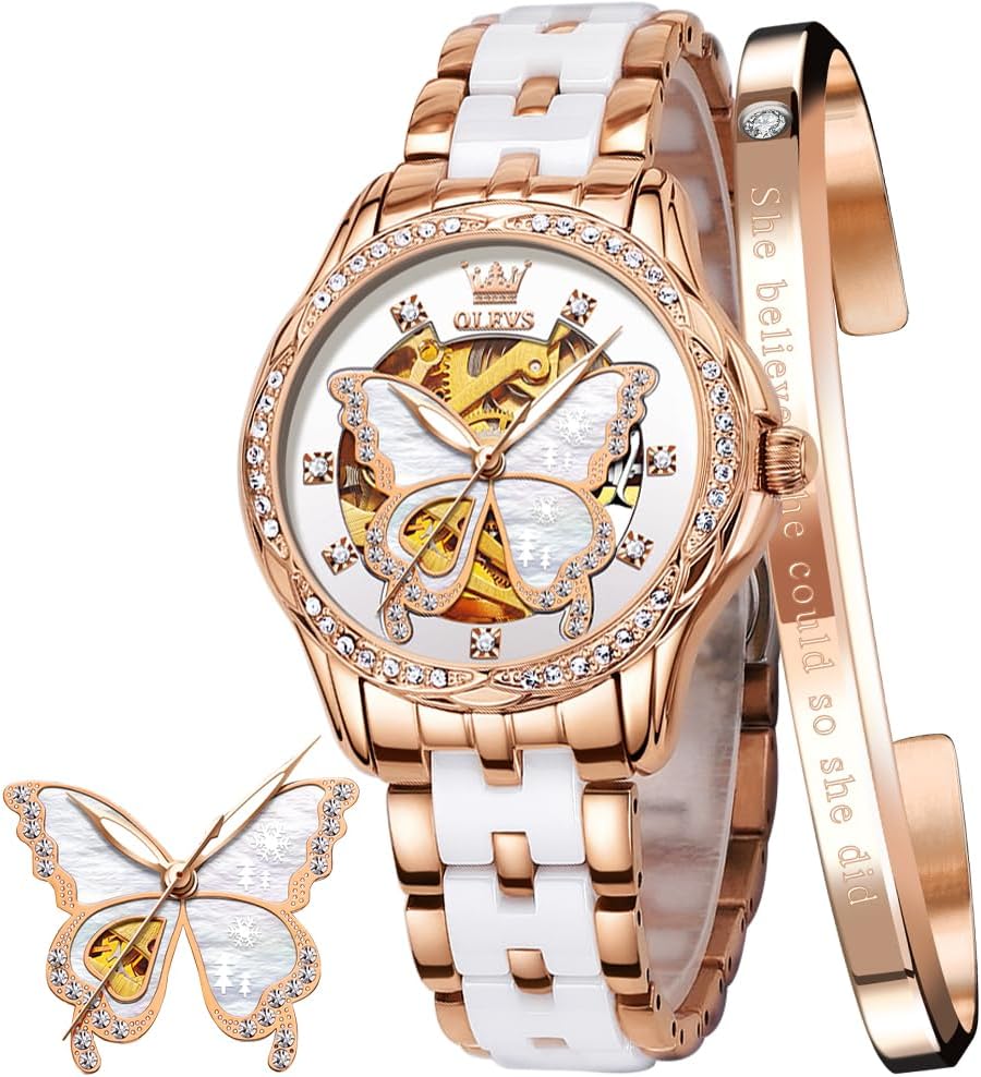 OLEVS Damen Rose Gold Automatikuhr Skelett Mechanisch Selbstaufzug ...