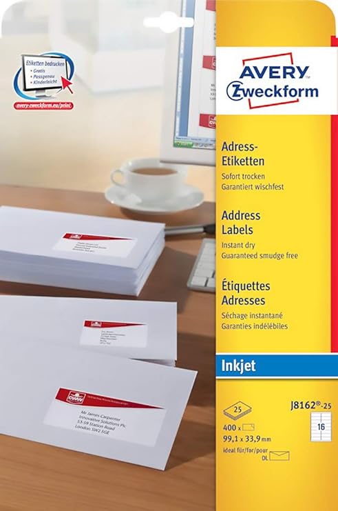 Avery Zweckform J8162-25 Address A4 Matt Paper Pack of 400 Labels 99.1 ...