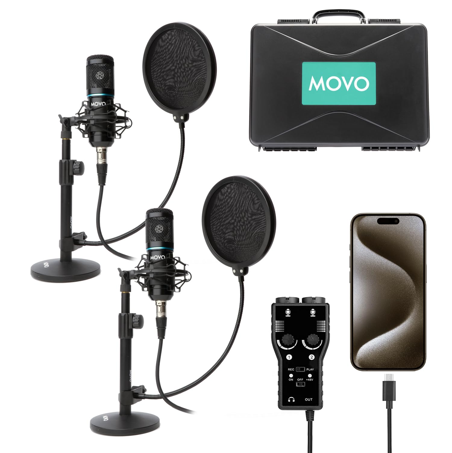 Amazon.com: Movo iPhone 15/16 USB-C Podcast Equipment Bundle - 2 Pack Condenser Microphones, 2 ...