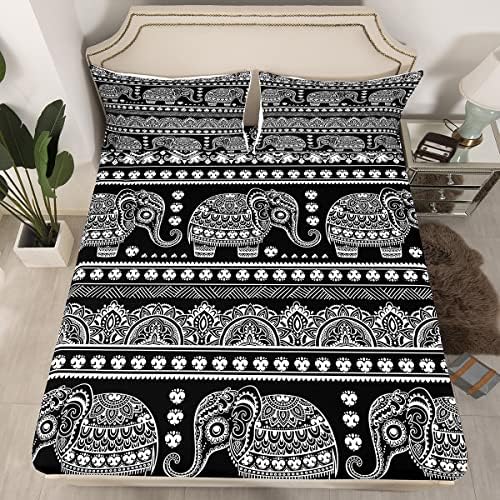 Amazon.com: Elephant Fitted Sheet Queen,Exotic Bohemian Black and White ...