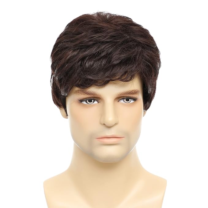 Amazon.com: Men Wigs Short Brown Wig Layered Natural Fluffy Synthetic ...