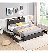 Amazon.com: SAMTRA Queen Size Bed Frame with 4 Storage Drawers, Linen Upholstered Headboard with ...