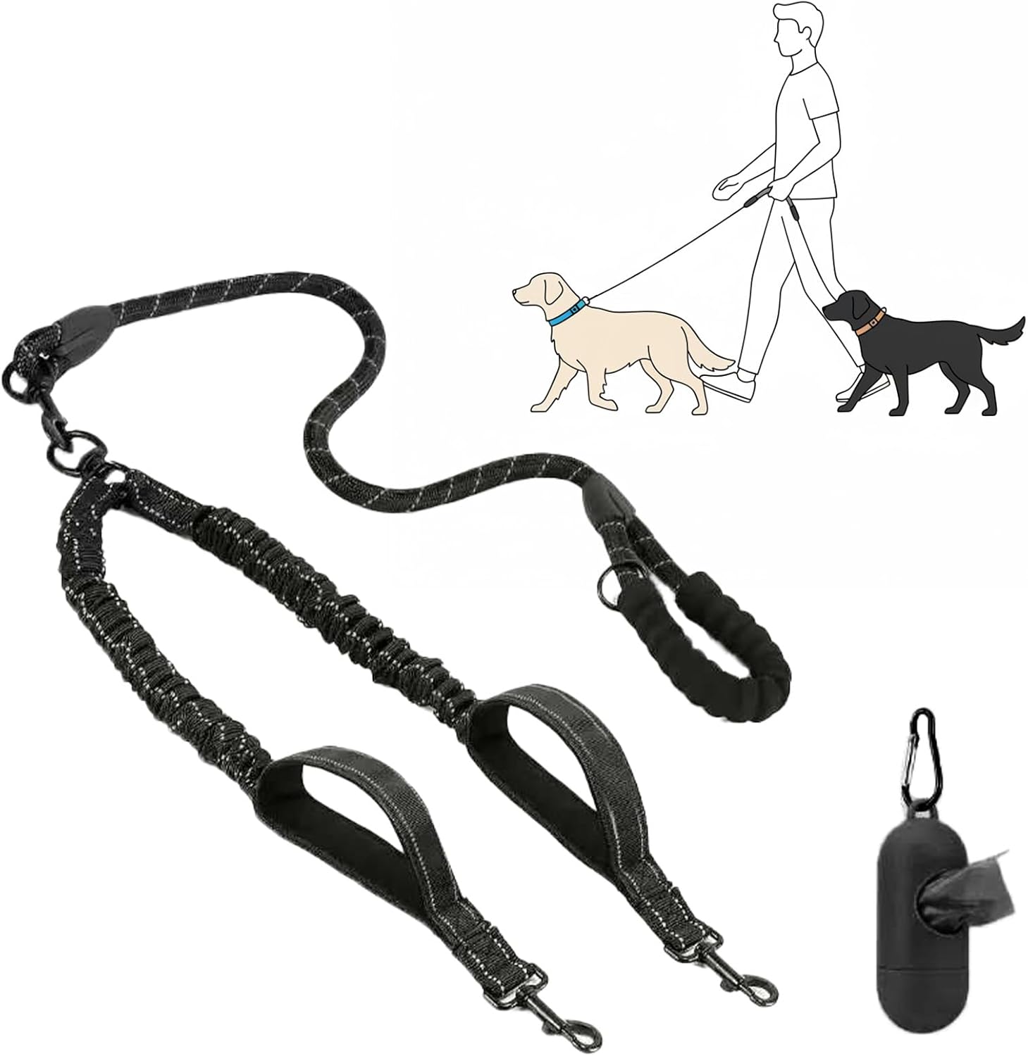 Double Dog Lead No Tangle - Reflective Bungee Dog Lead for Walking 2 ...