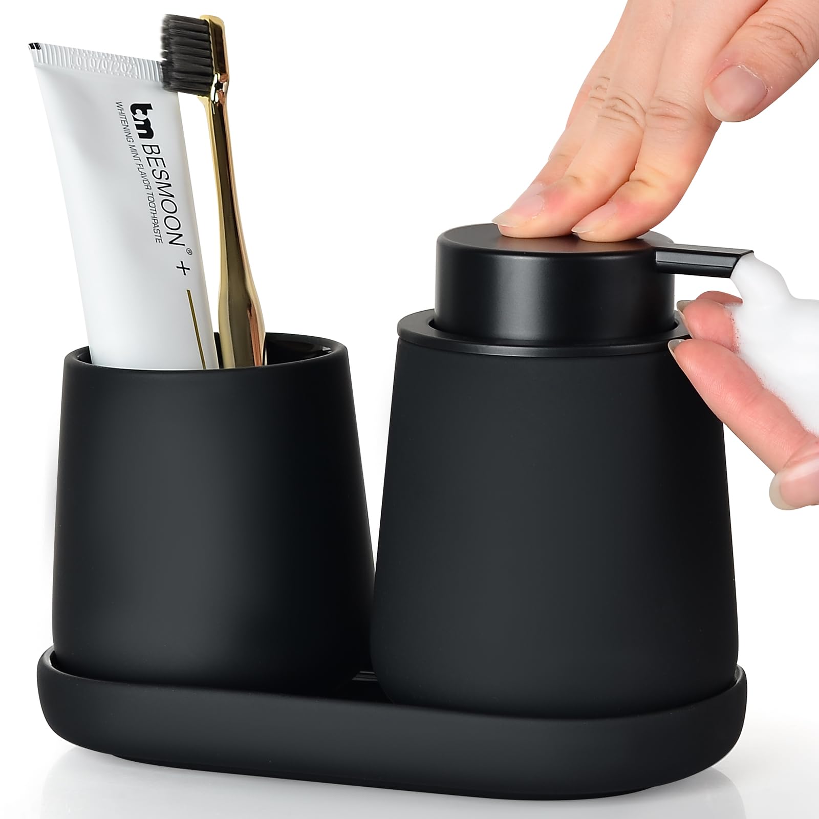 Amazon｜Umlaca ソープディスペンサー 3点セット 陶器 泡ハンドソープディスペンサー 手動、収納トレイ、歯ブラシホルダー、洗面セット ポンプ式 320ml 詰め替えボトル ...