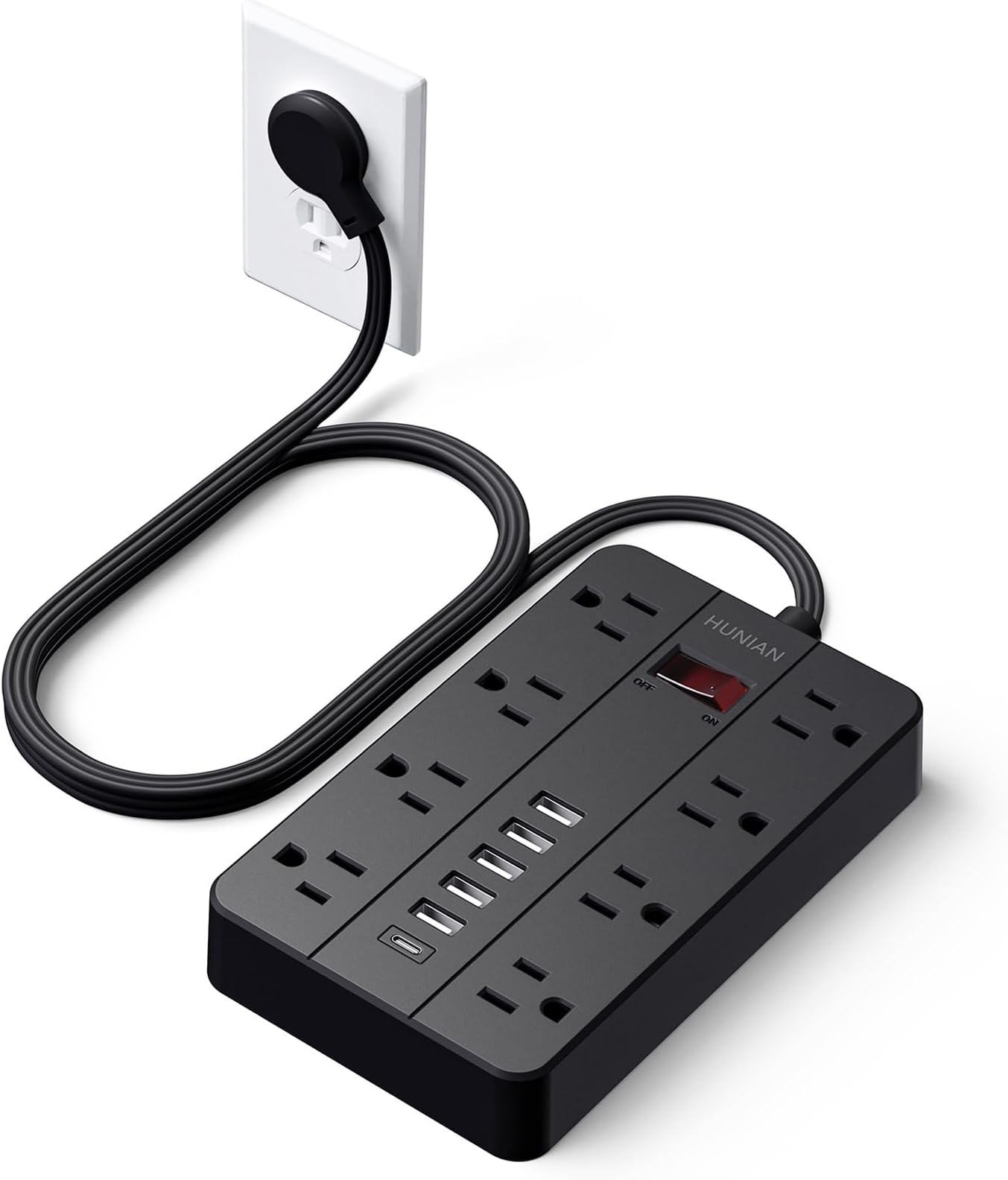 Power Bar with USB Ports, HUNIAN 5 Ft Extension Cord Flat Plug with 8 ...