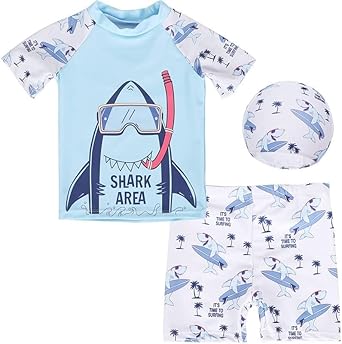 Amazon.co.jp: [Youngfull] IG 人気 サメ 子供 水着 男の子 半袖 ラッシュガード サーフパンツ 水泳キャップ キッズ 水着 上下セット スイムウェア UVカット ...