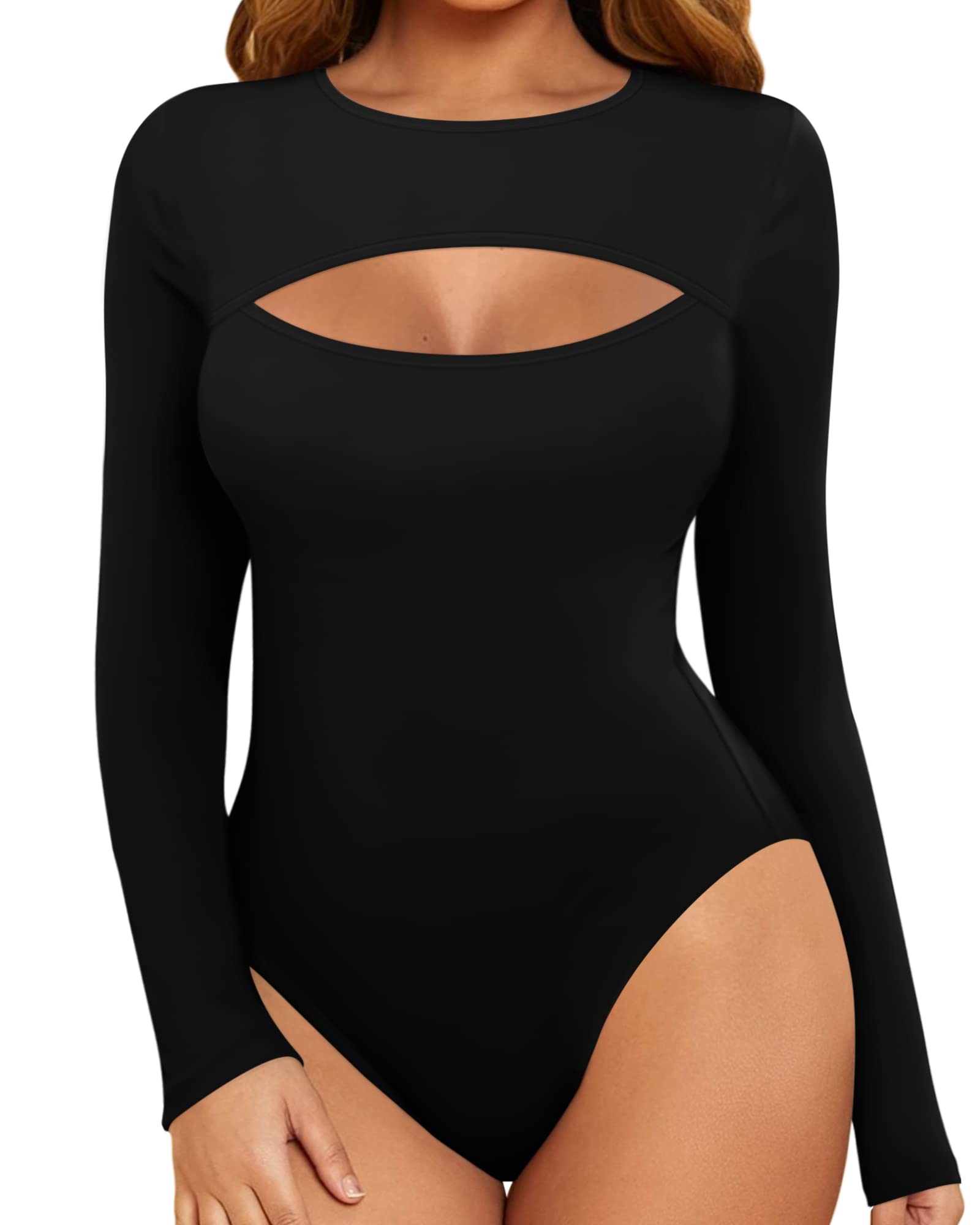 Long Sleeve Shapewear Bodysuit Mangopop Womens Sexy Cutout Bodysuit Long Sleeve Front Cut Out 6512