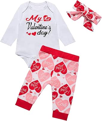 Amazon.com: My First Valentines Day Outfit Baby Girl Arrow Heart Print Pants Set (Pink, 12-18 ...