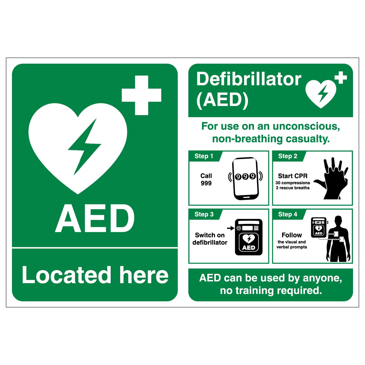 V Safety Poster Combo - AED located Here/Defibrillator Poster A2 ...