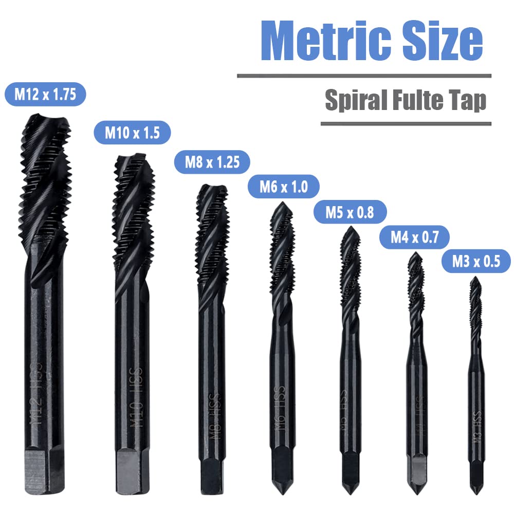 Mesee 7 Pieces HSS Thread Tap Set, Nitriding Coating Spiral Flute Taps ...