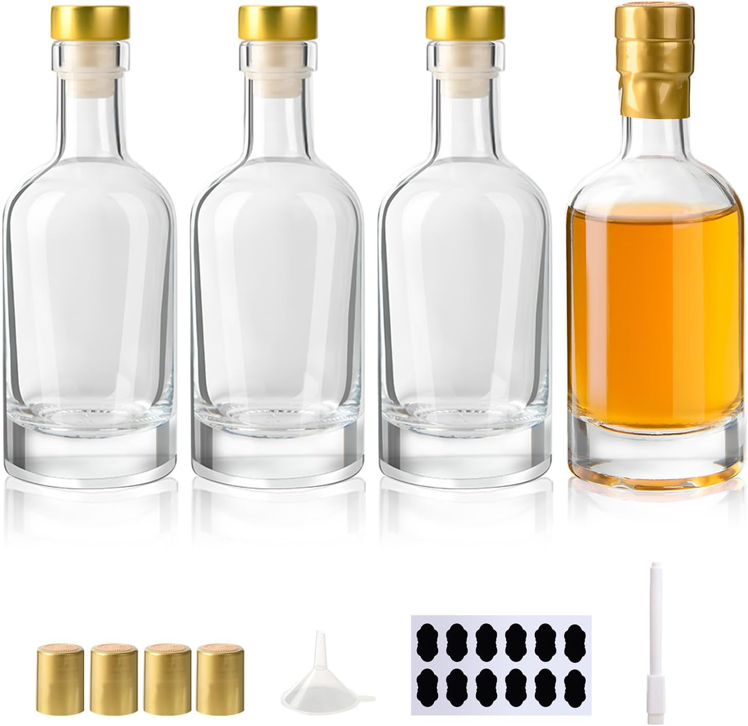 YBCPACK 6oz/200ml Glass Liquor Bottles with T-Top Caps, Heat Shrink Capsules, 4 Pack Empty Wine ...