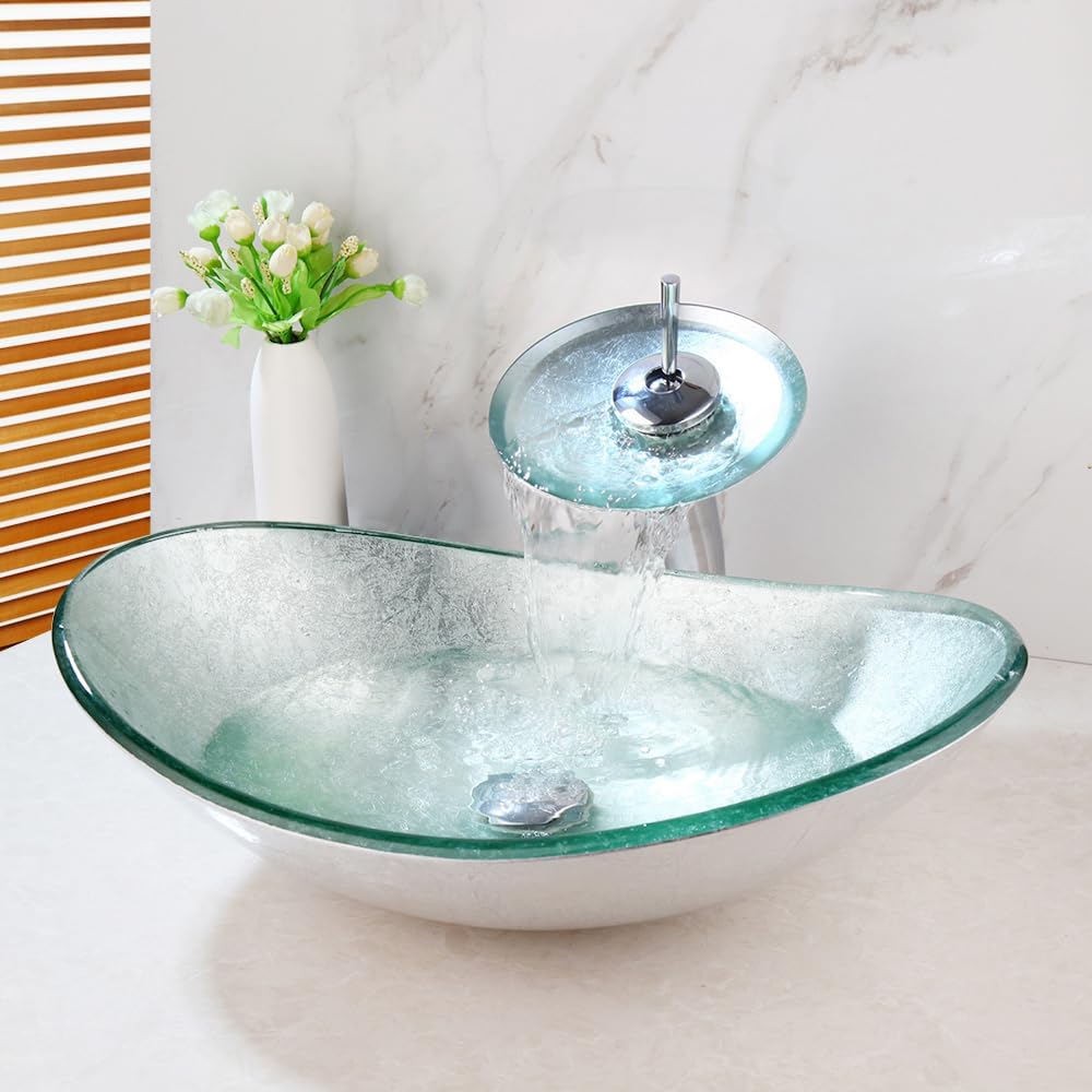 Focitland Bathroom Sink,Silver Vessel Sink,Oval Glass Vessel Sink with ...