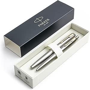 Parker Jotter Set| Fountain Pen & Ballpoint Pen| Stainless Steel with Gold Trim | Medium Nib ...