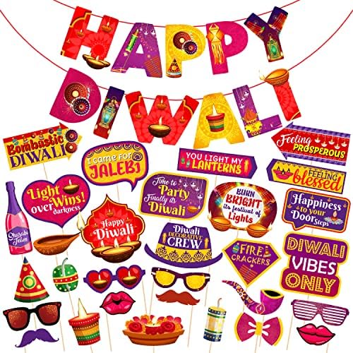 ZYOZIQUE 31 Pieces Happy Diwali Party Photo Booth Props And Banner Kit ...