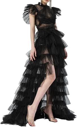 Amazon.com: Women Tulle Tutu Long Skirts Layered Ruffle High Waist Slit ...