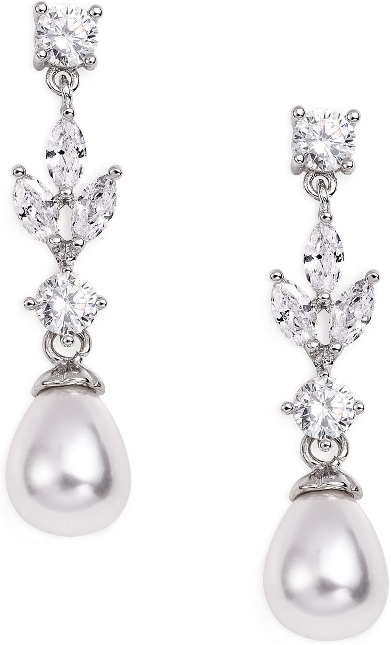 Amazon.com: SWEETV Teardrop Pearl Earrings for Women,Bridesmaids,Brides -Cubic Zirconia Dangle ...