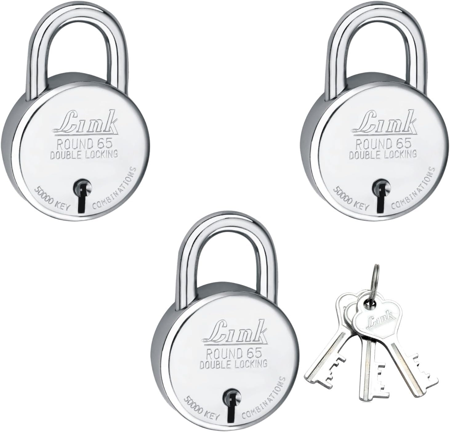 Link Lock Brass S Round 65Mm_Double Locking Padlock (Silver, Pack of 4 ...