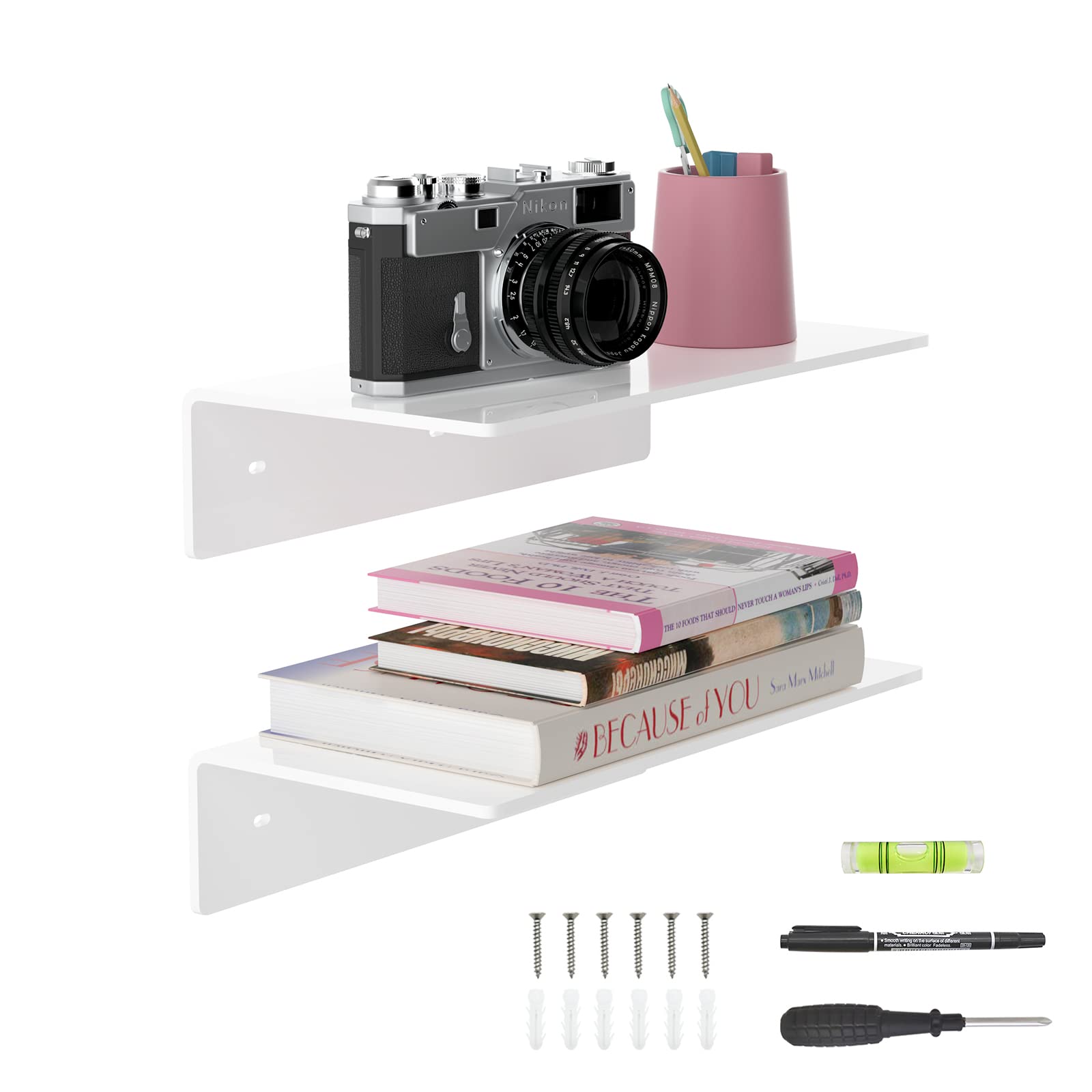 Sezanrpt 12 Inches White Acrylic Wall Shelves Set of 2, White Floating ...