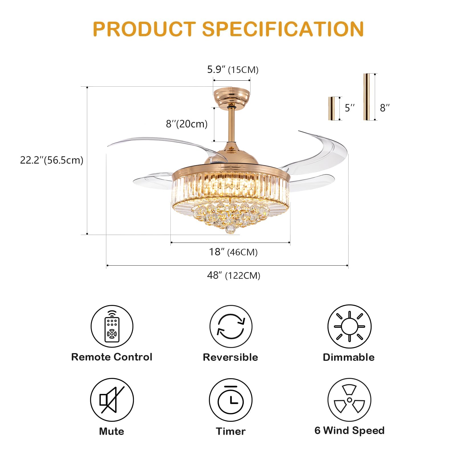 Snapklik.com : MOOONICHE 48 Inch Crystal Ceiling Fan
