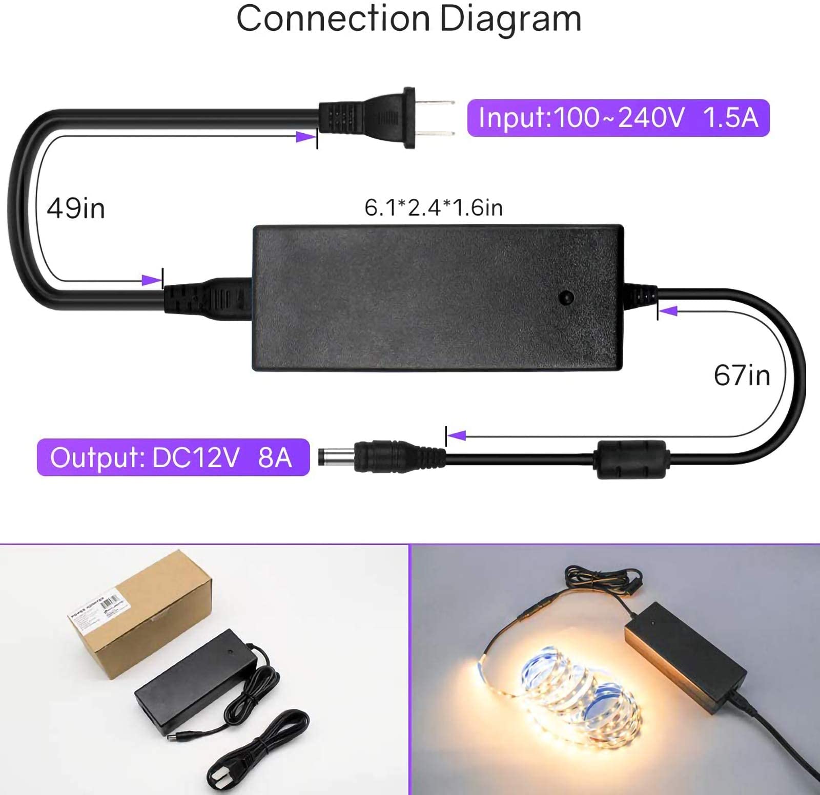Snapklik.com : 12V 8A Power Supply Adapter, UL-Listed, 120V AC To 12V ...