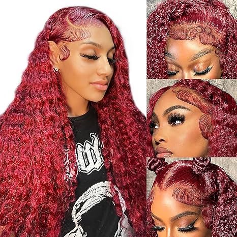 Amazon.com : 99j Burgundy Deep Wave Lace Front Wigs Human Hair 13x4 180 ...